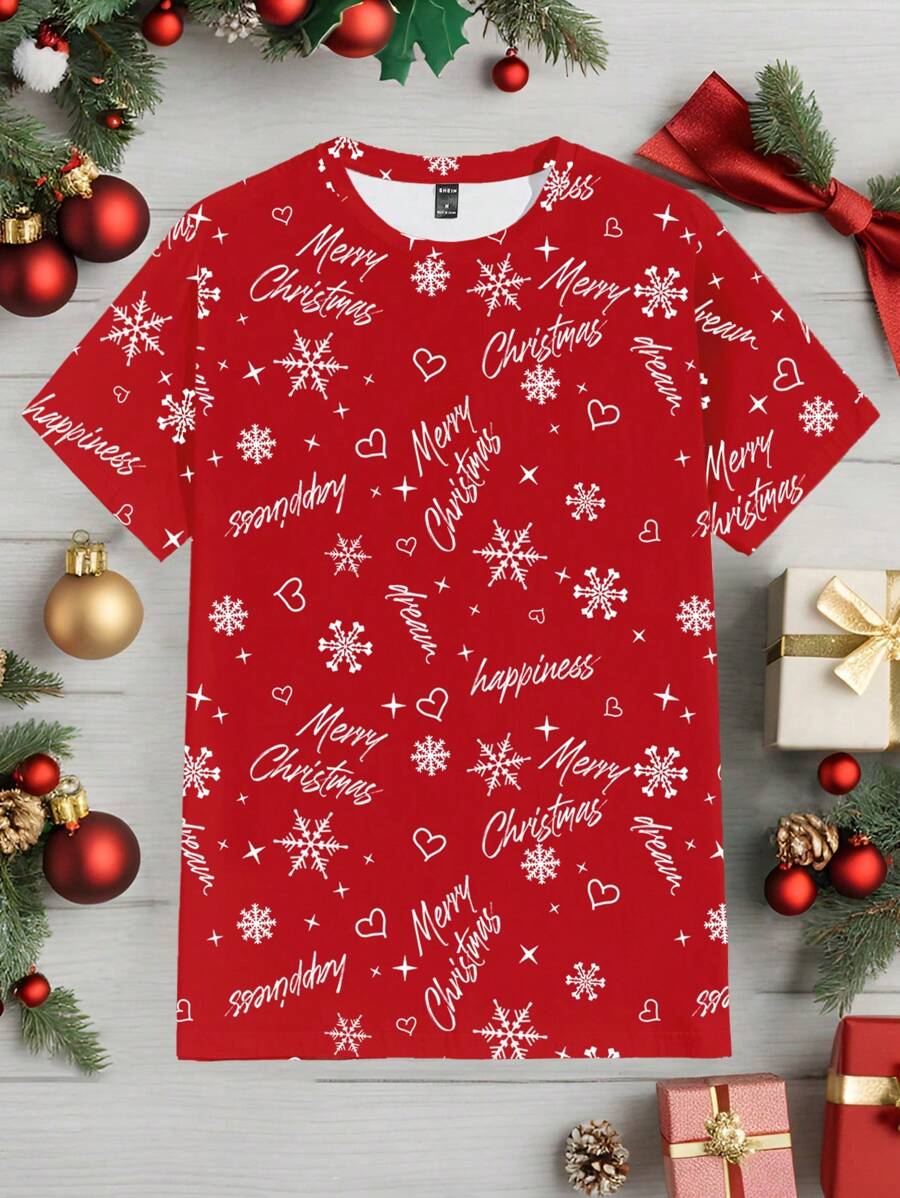 Manfinity Homme Christmas Men Casual Red T-Shirt With All Over White ...