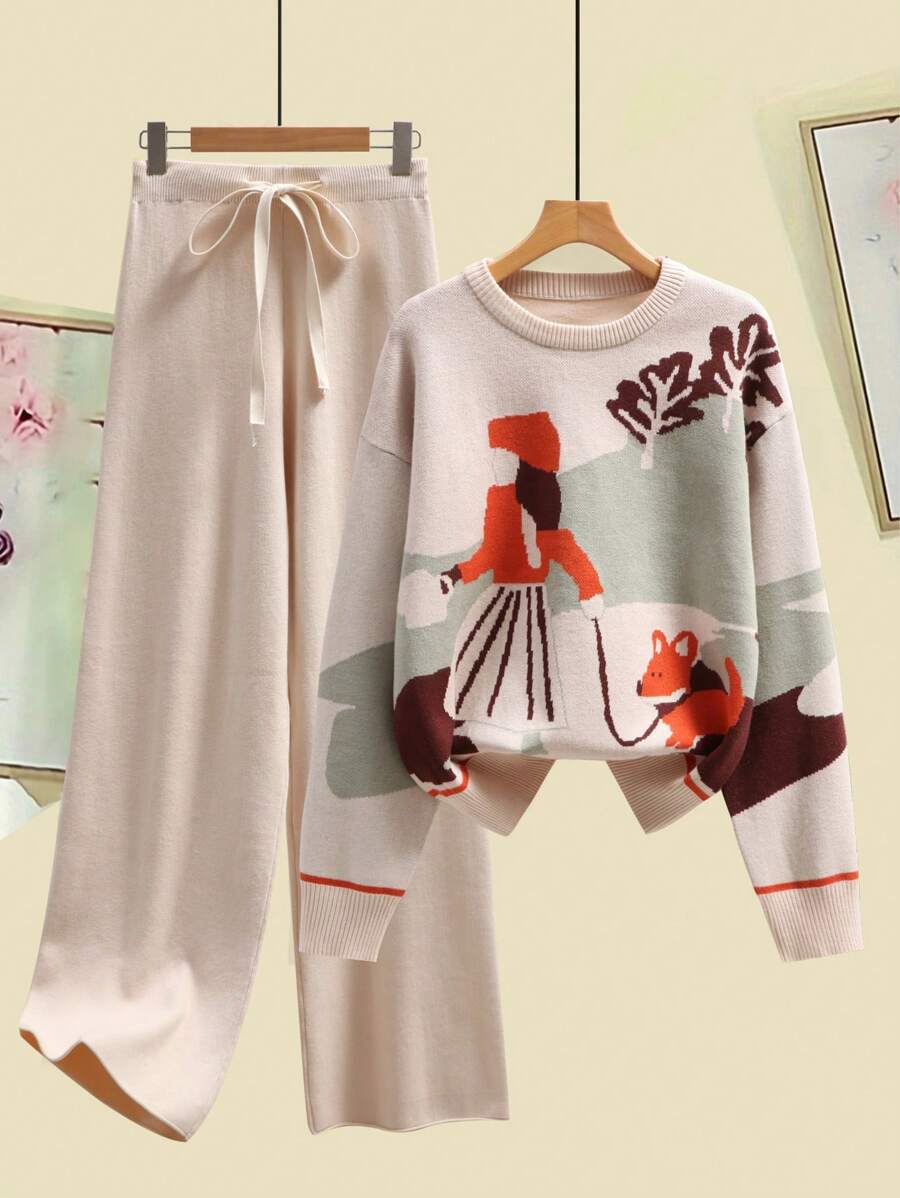 SHEIN LUNE 2pcs Jacquard Knit Sweater & Thick Pants Set, Elegant Autumn ...