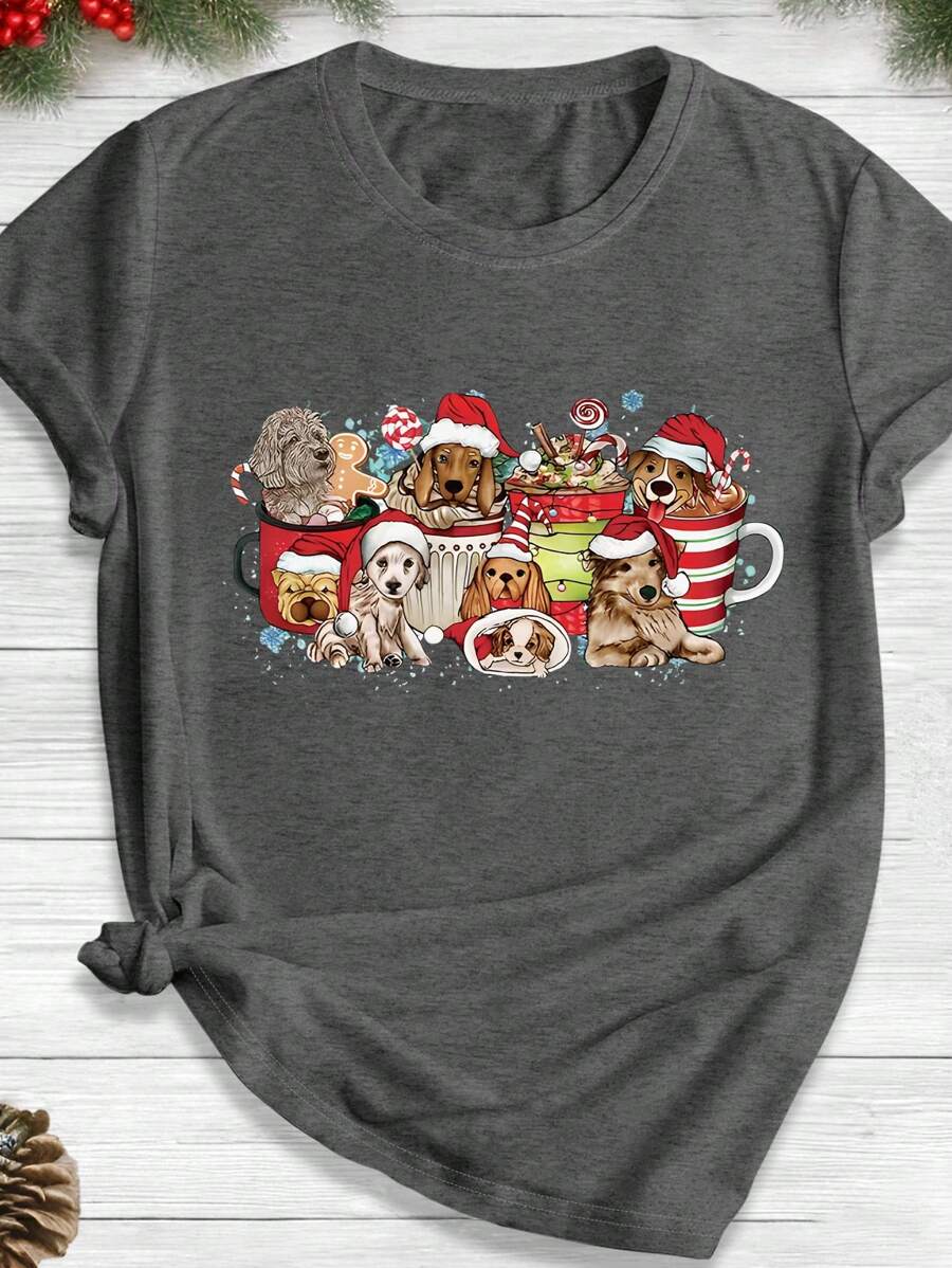 SHEIN LUNE Christmas Cute Dog Print Casual Round Neck Short Sleeve T ...