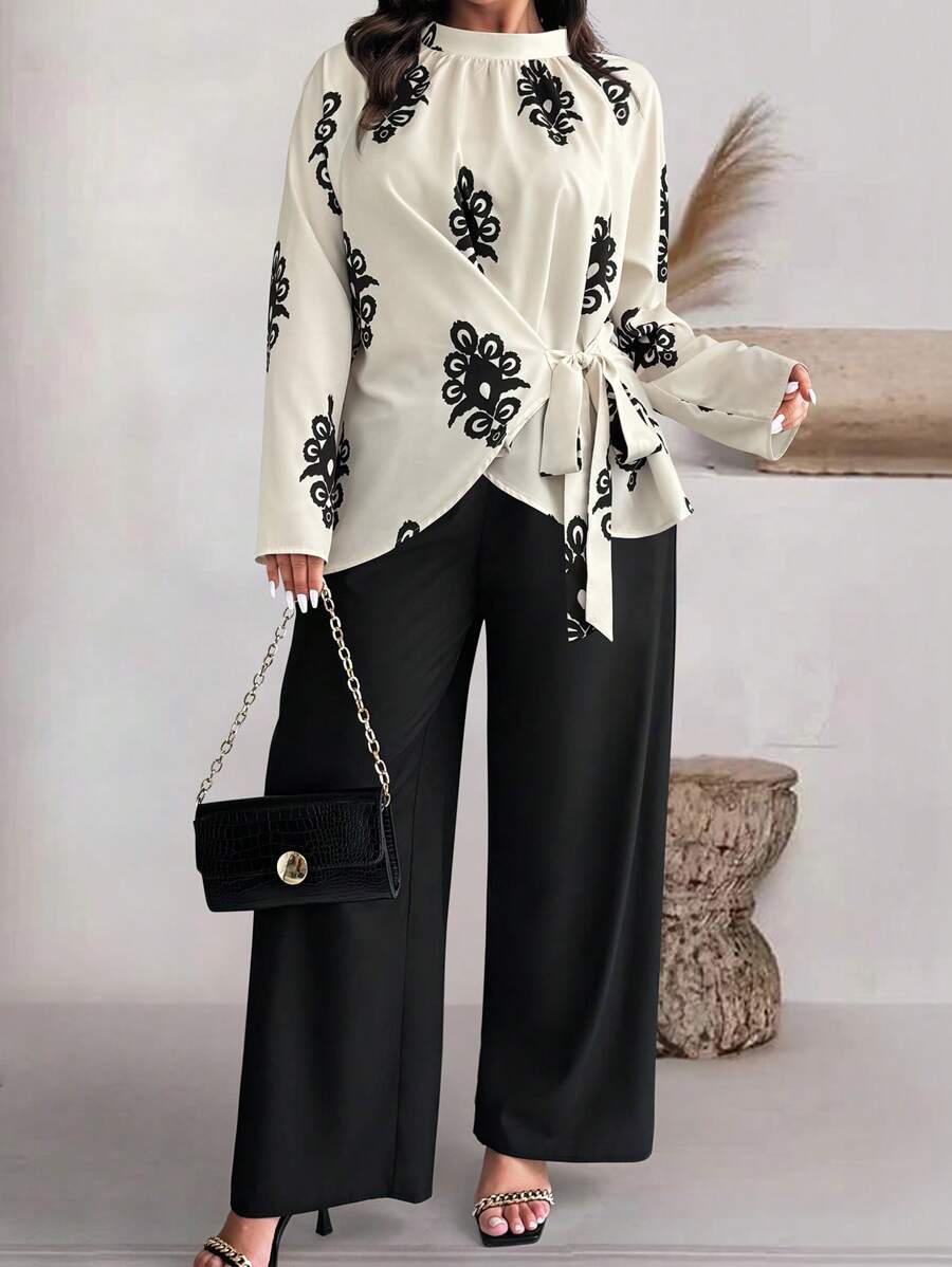 Shein Privé Plus Size Women Floral Print Side Knot Long Sleeve Shirt