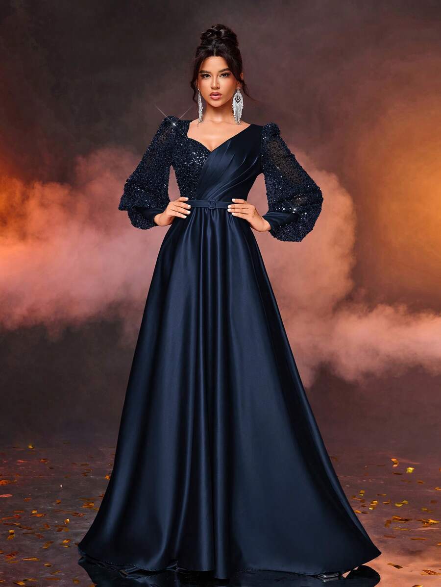 Glamrae Elegant Sheer Long Sleeve Sequin Patchwork Satin Dress With ...