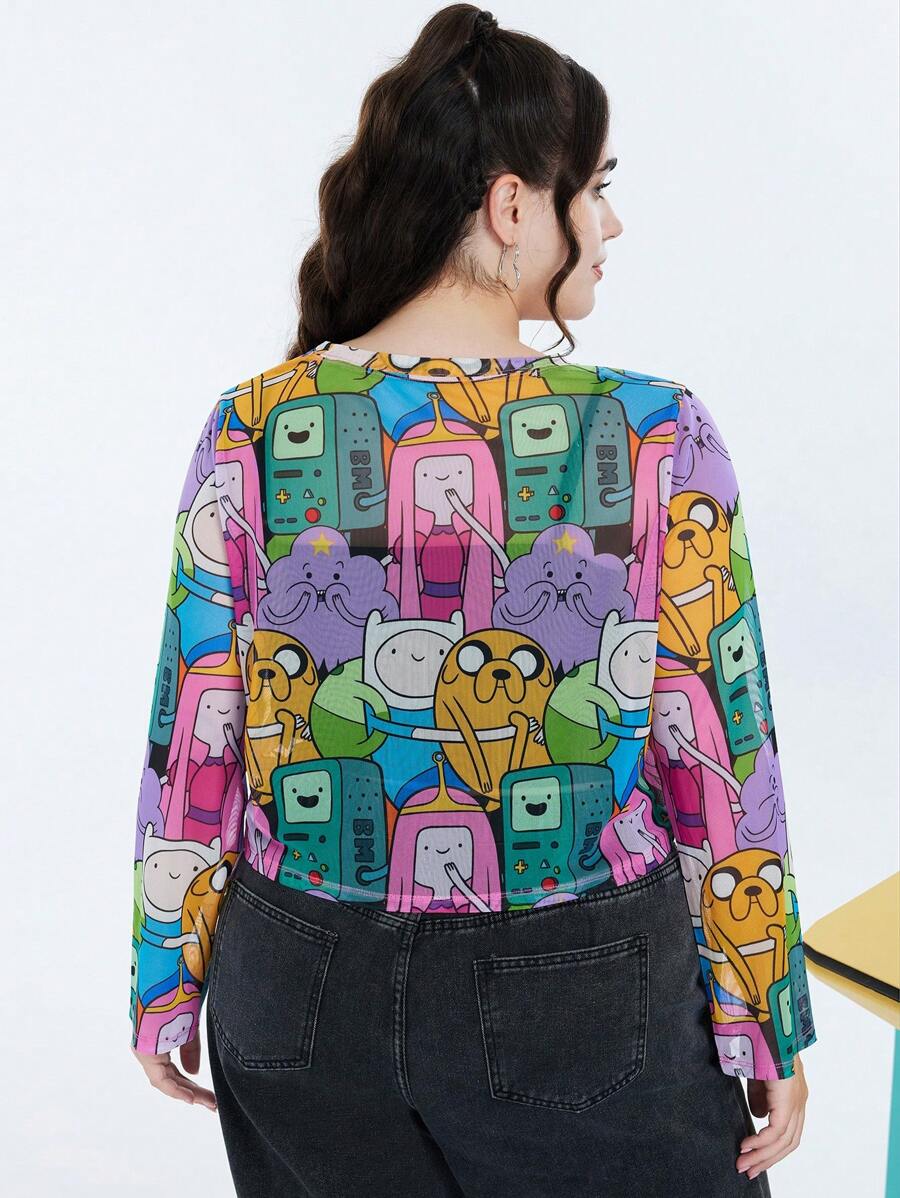 ADVENTURE TIME X SHEIN Plus Size Women Full Print Long Sleeve Sheer Top ...