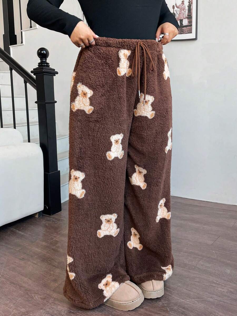 SHEIN EZwear Plus Size Women Tie-Waist Baggy Fluffy Long Pants With ...