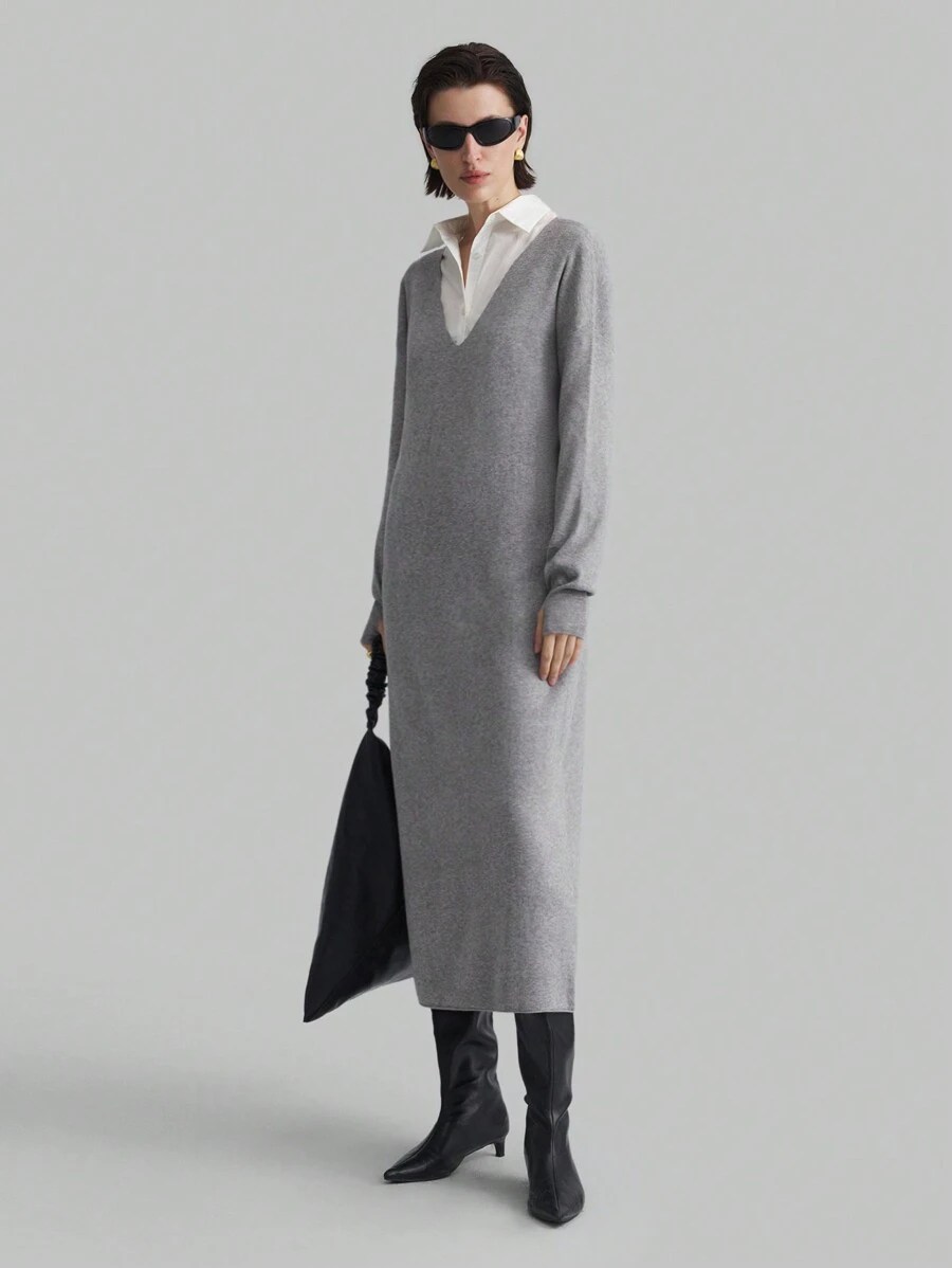 Ontre V-Neck Long Knit Dress, Comfortable Deep V Neckline, Thumb Hole Cuff, Relaxed Fit ...