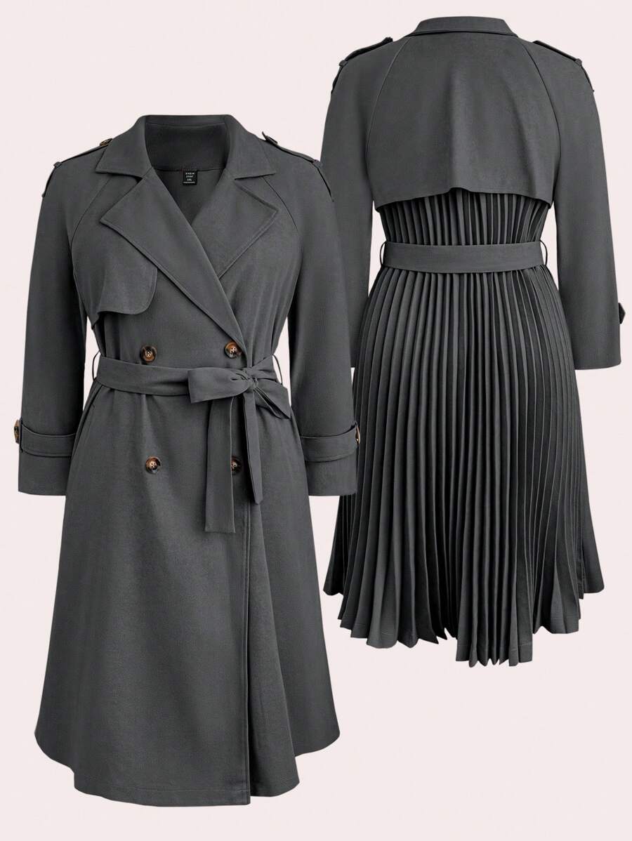 Celure Plus Size Plain Color Midi Length Double Breasted Belted Pleated ...