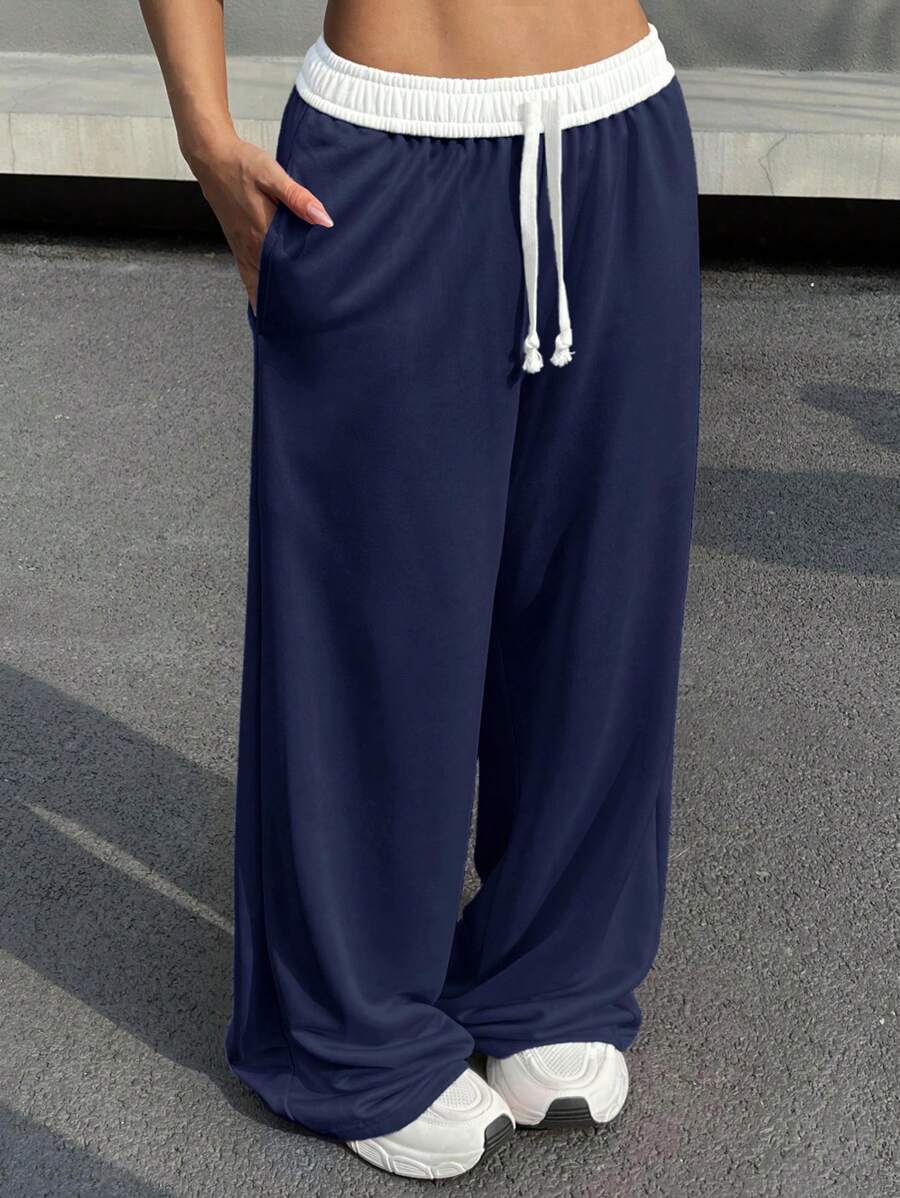SHEIN Teen Girls Navy Blue Patchwork Waistband Drawstring Wide Leg ...