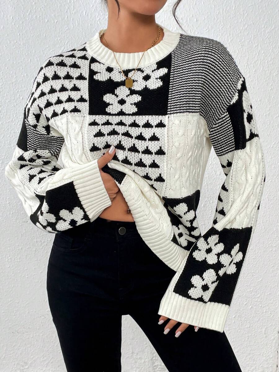 SHEIN Relaxiva Women's Black & White Flower Twist Pattern Thick Warm ...