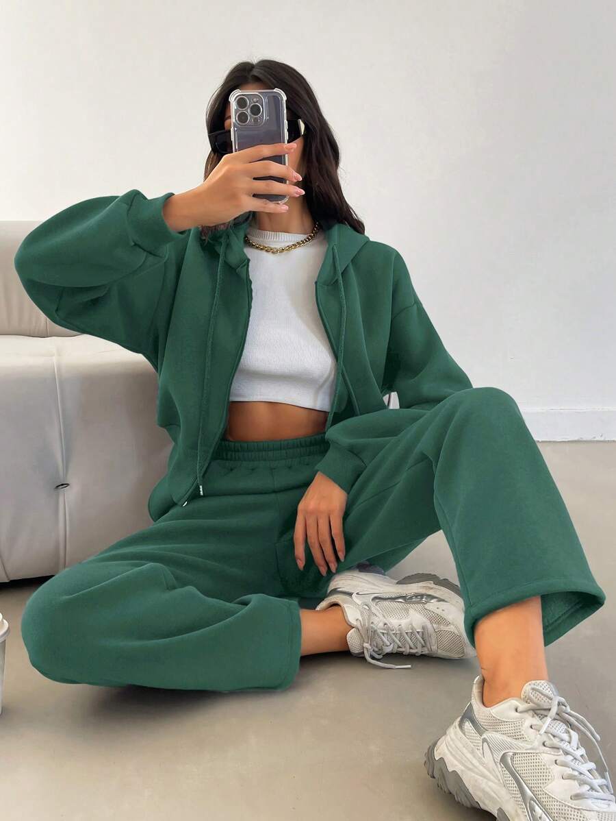 SHEIN Cottnline Women'S Hooded Zip-Up Sweatsuit Set With Drop-Shoulder ...