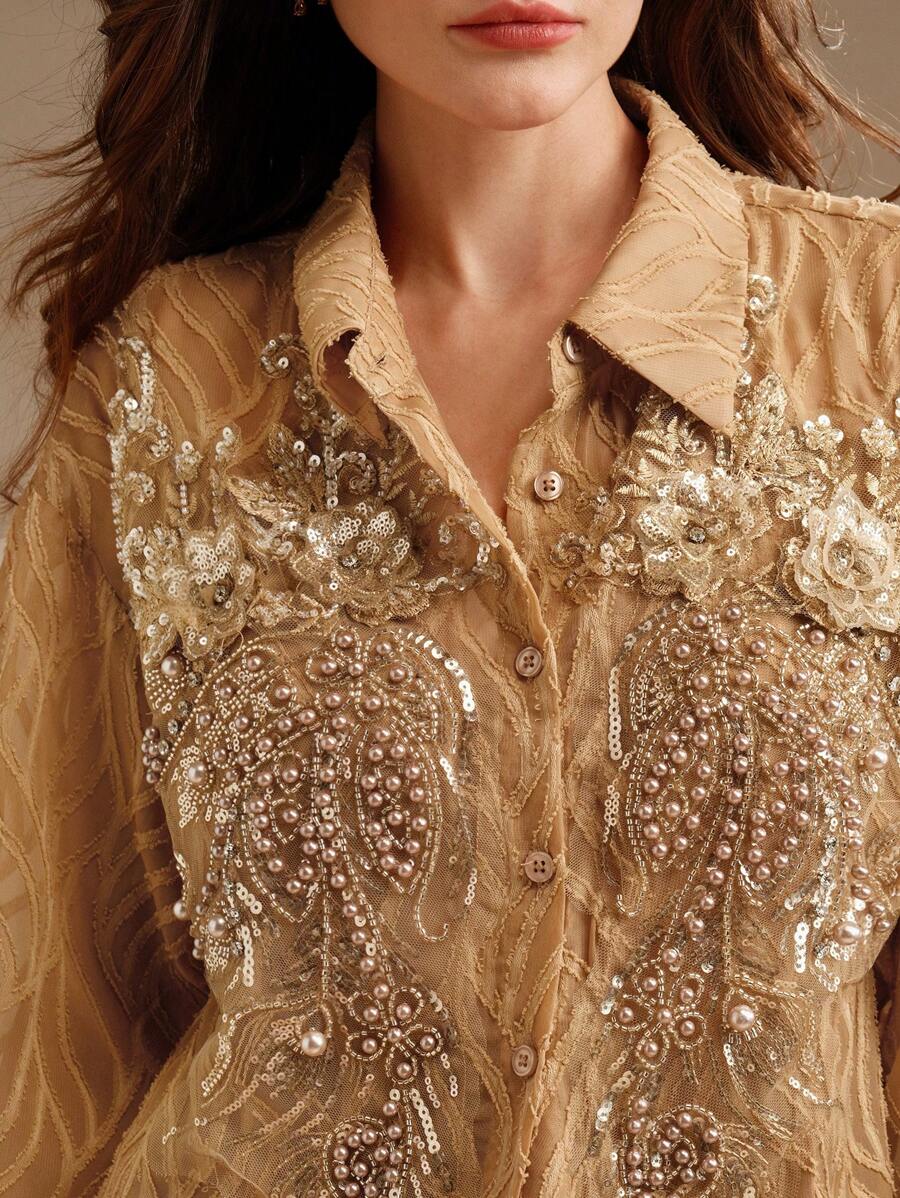 Anewsta French Elegant Vintage 3D Pearl Beaded & Sequined Textured Women Casual Long Sleeve ...