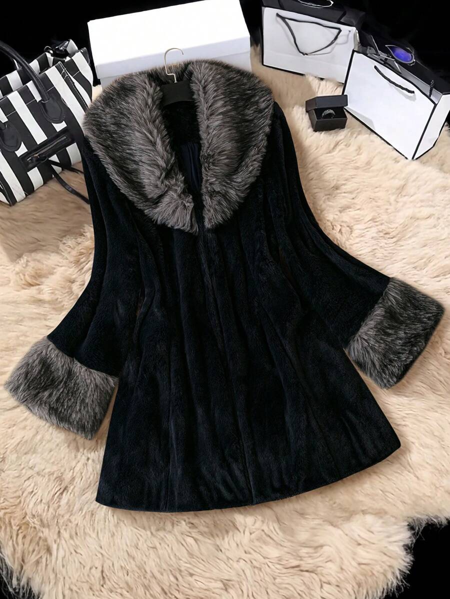 SHEIN Clasi Plus Size Fluffy Patchwork Long Sleeve Casual Jacket, For ...