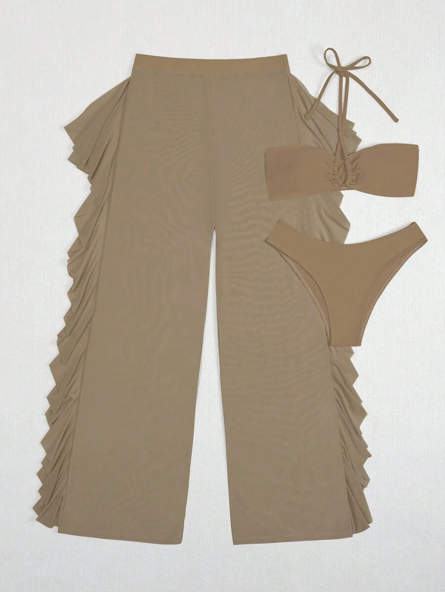 Shein Swim Summer Beach Solid Color Halter Backless Wire Free Split
