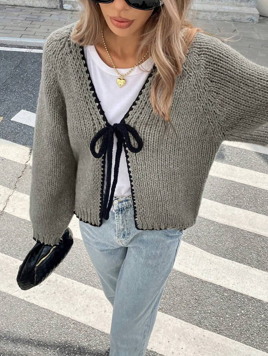 Shein Frenchy Womens Contrast Trim Tied Front Long Sleeve Casual