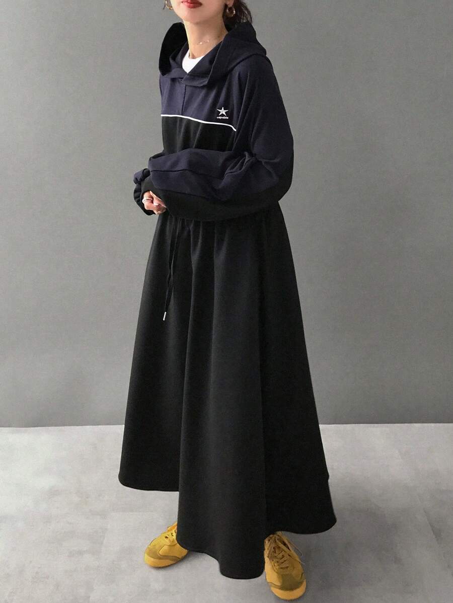 FRIFUL Women Pentagram Print Drop Shoulder Hooded Casual Mid-Length ...