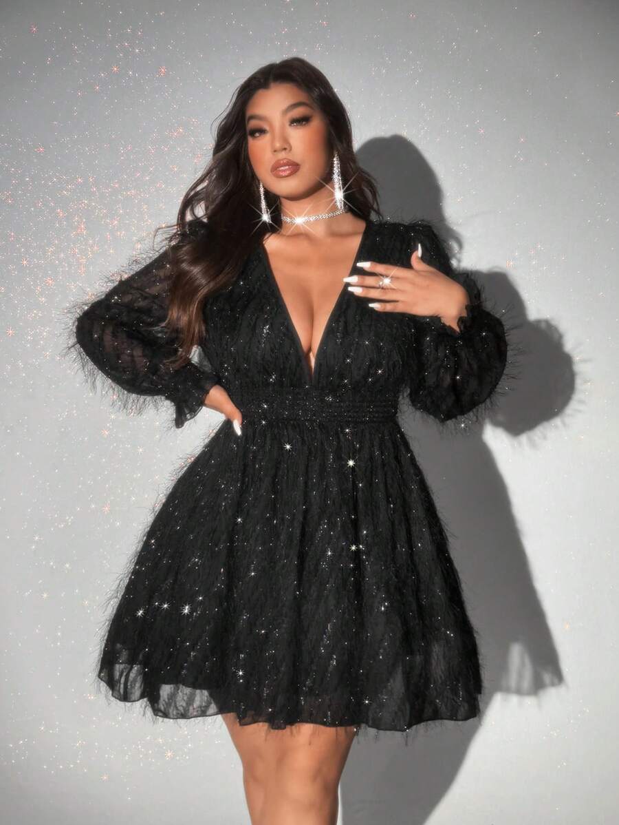 Viva Relle Plus Size Plunging Neck Sexy Mini Party Dress | SHEIN USA