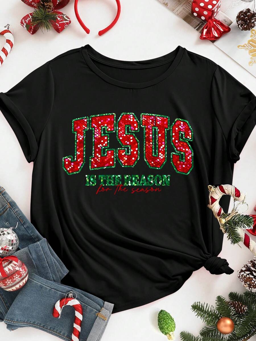 SHEIN EZwear Jesus é a Razão da Temporada Impressão Gráfica Camiseta de ...