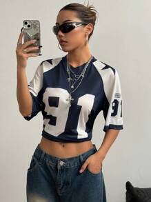 SHEIN PETITE Women's Loose Casual Sports Numeric Print T-Shirt Graphic ...