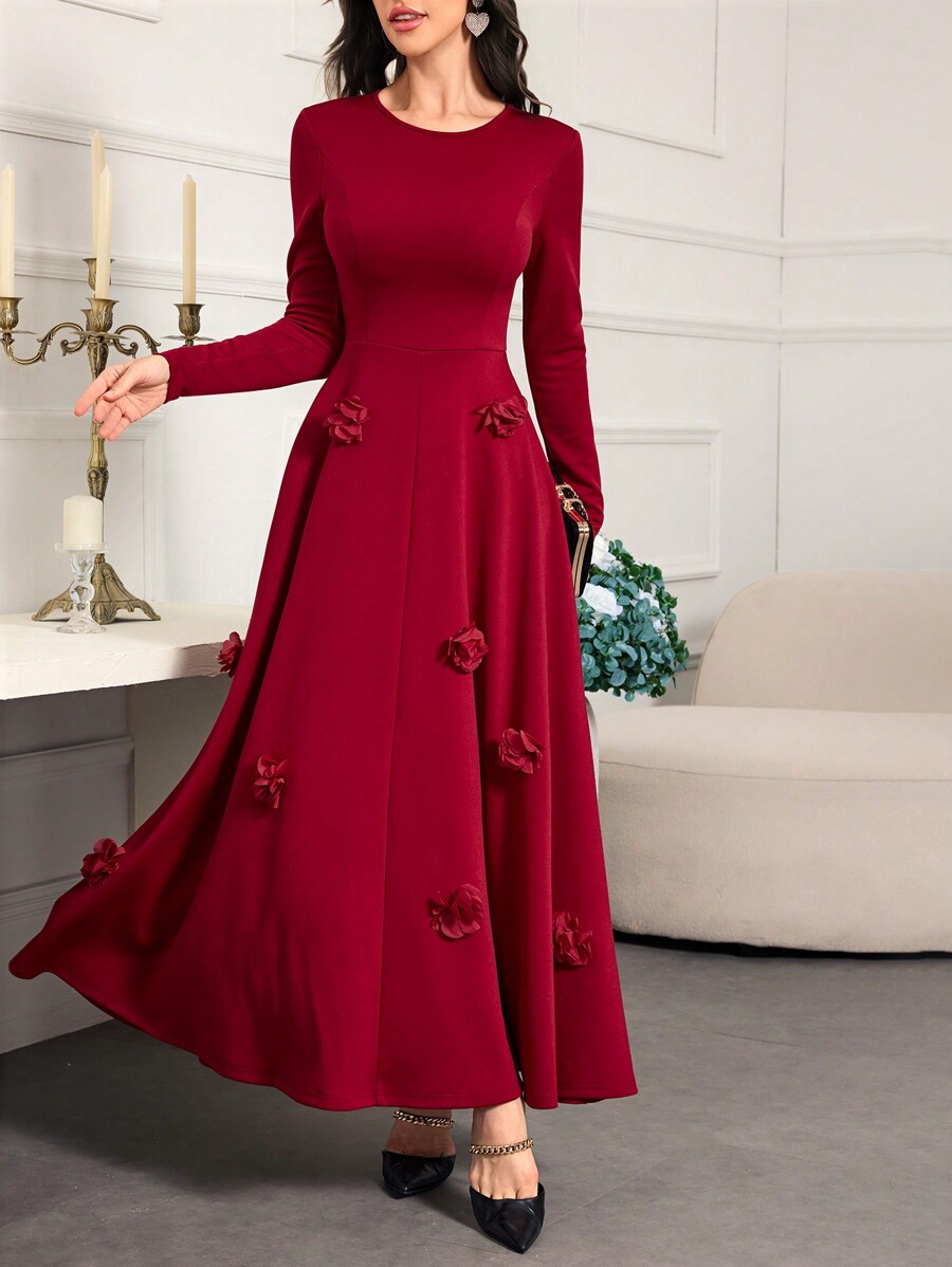SHEIN Mulvari Women's Elegant Angola Red 3D Flower Long Sleeve Maxi ...