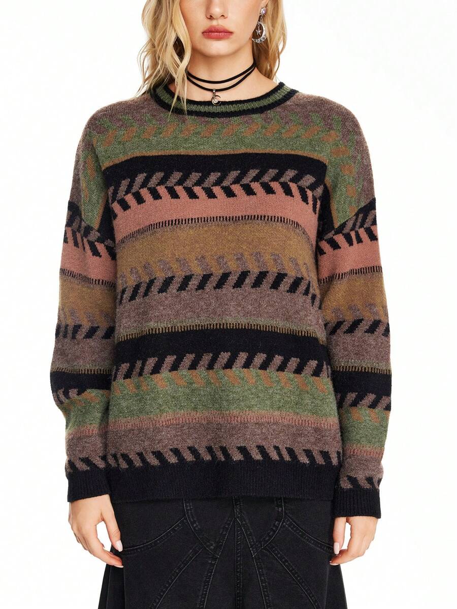 ROMWE Hippie Hippy Retro Bohemian Fair Isle Loose Pullover Sweater ...