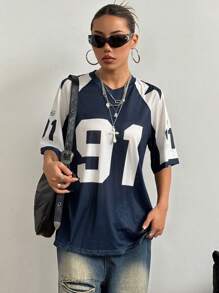 SHEIN PETITE Women's Loose Casual Sports Numeric Print T-Shirt Graphic ...