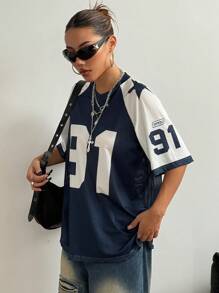 SHEIN PETITE Women's Loose Casual Sports Numeric Print T-Shirt Graphic ...