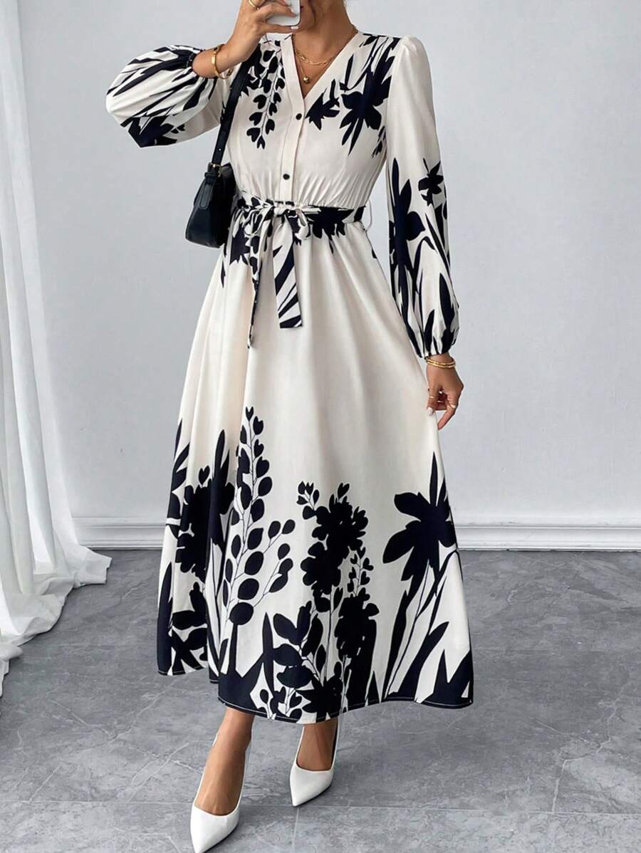 SHEIN Frenchy Women's Bohemian Tree Leaf Shadow Print Long Sleeve Dress | SHEIN UK