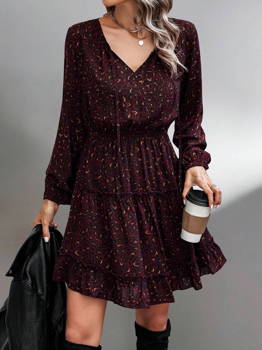 SHEIN LUNE Allover Print Tie Neck Ruffle Hem Dress Burgundy Color Women ...