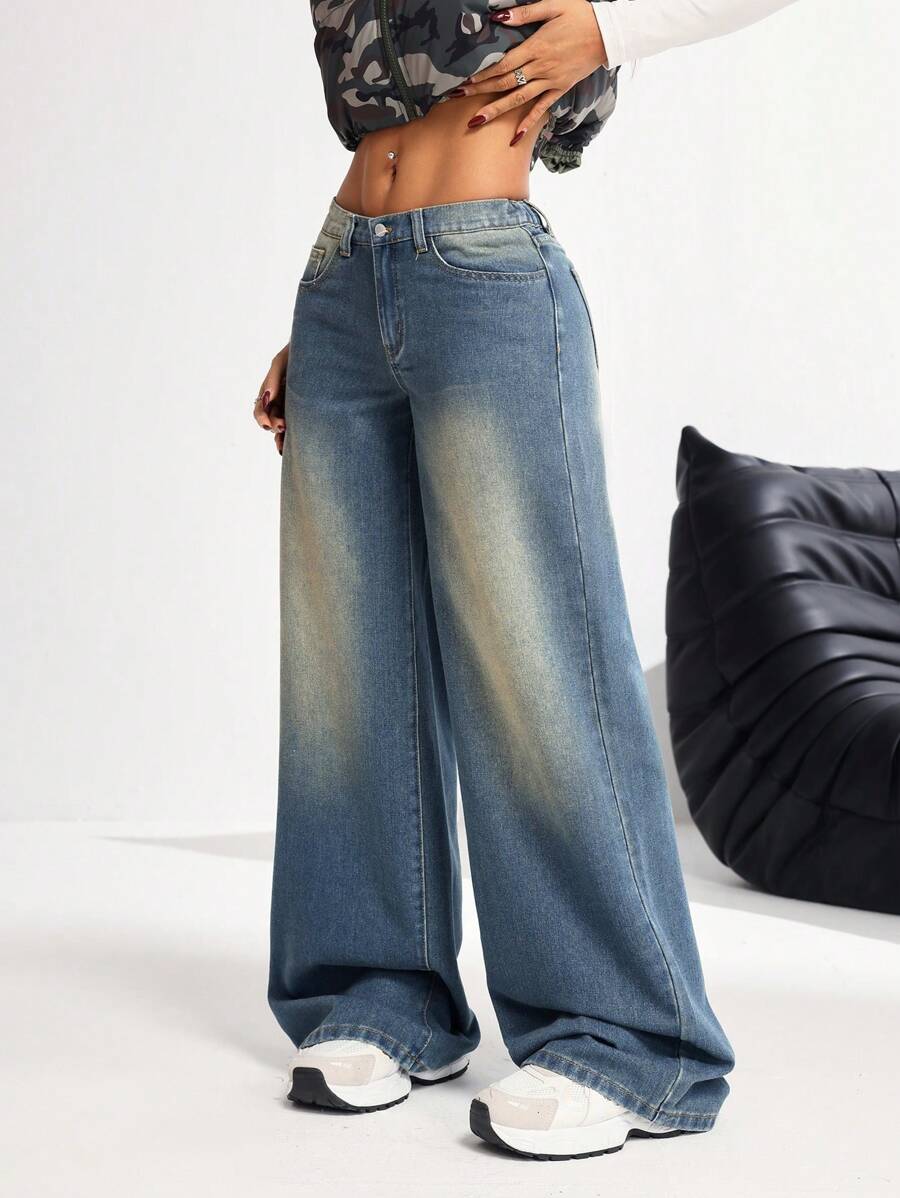 SHEIN PETITE Women's Blue Denim Wide Leg Jeans, Sexy Ultra Low Waist ...