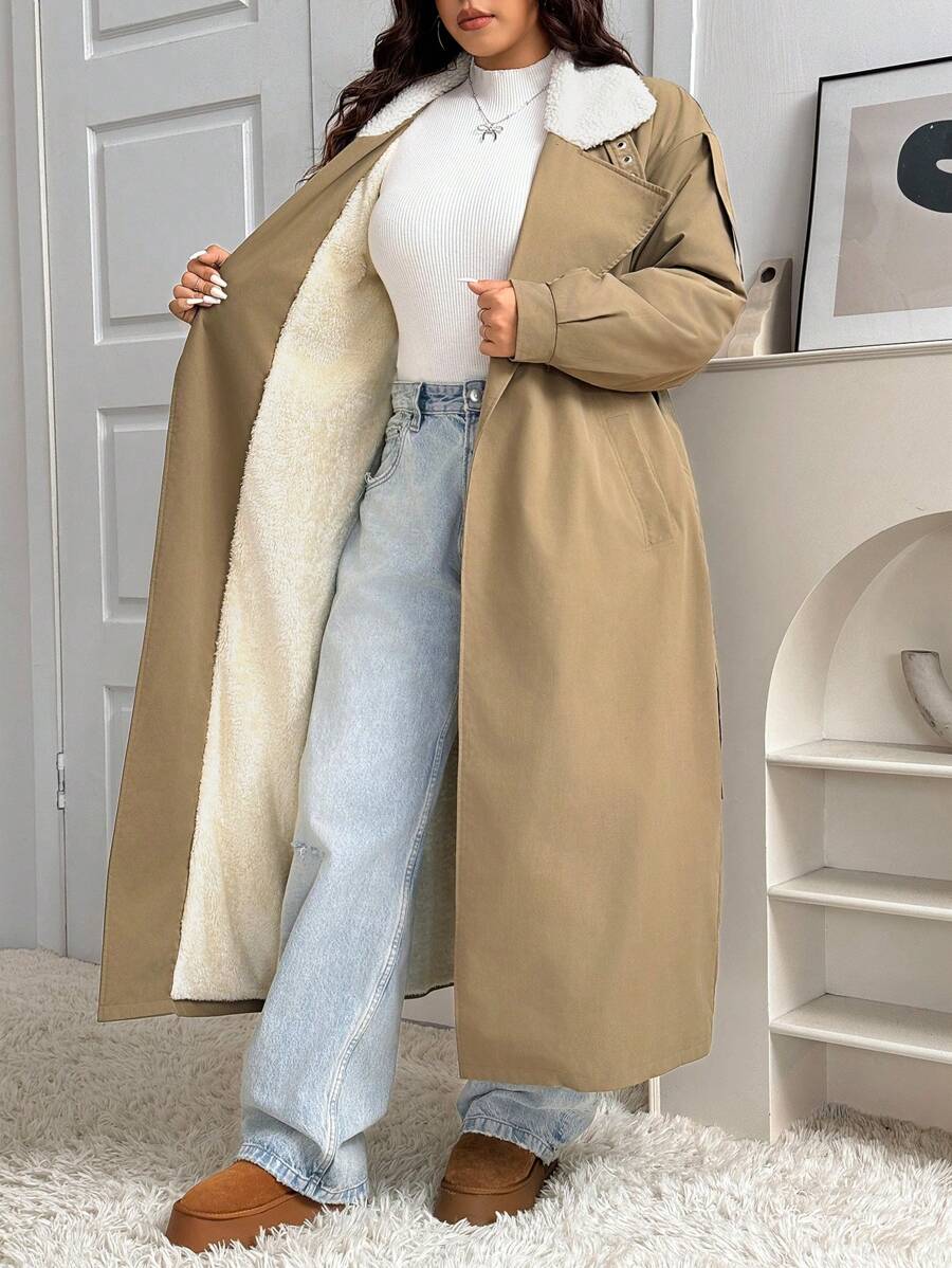 SHEIN EZwear Plus Size Warm Parka Coat With Fur Lining, Long Length ...
