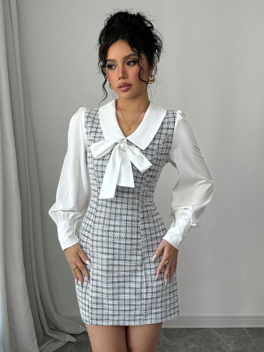 Elenzga Contrast Color Patchwork Bowknot 2 In 1 Elegant Romantic Women's Dress | SHEIN USA