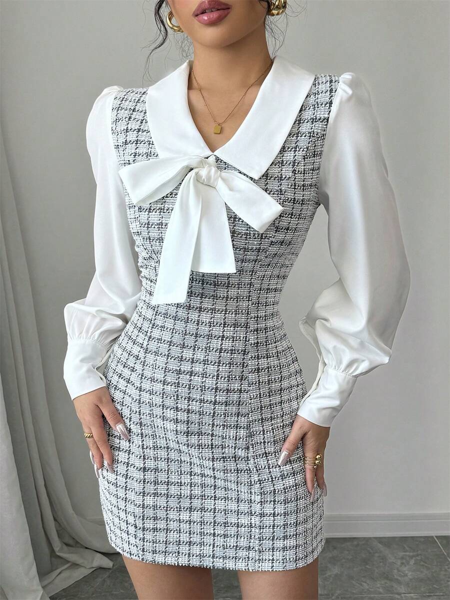 Elenzga Contrast Color Patchwork Bowknot 2 In 1 Elegant Romantic Women's Dress | SHEIN USA