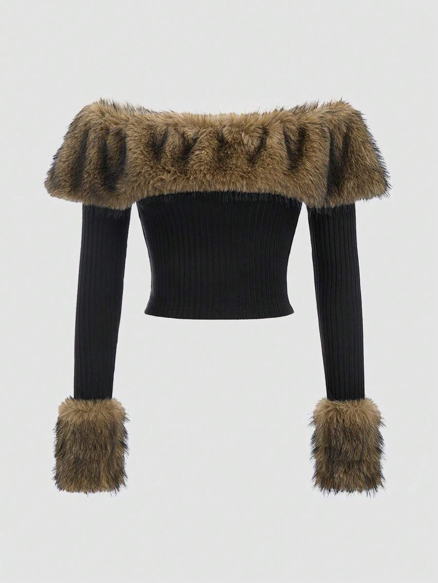 SHEIN Unity Damen Mode Off-Shoulder Fleece Patchwork Langarm T-Shirt ...