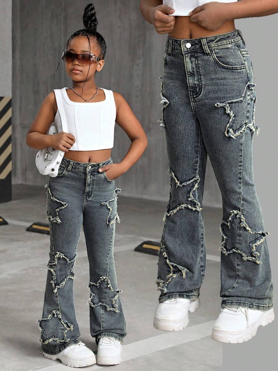 SHEIN Tween Girls' Y2K Casual Stonewashed Frayed Star Pattern Denim ...