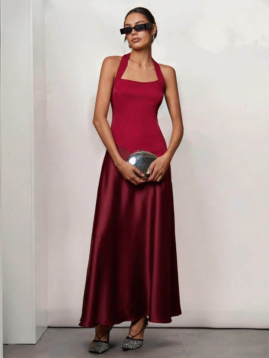 COSMINA 1pc Women's Elegant Two-Tone Halter Backless Dress | SHEIN USA