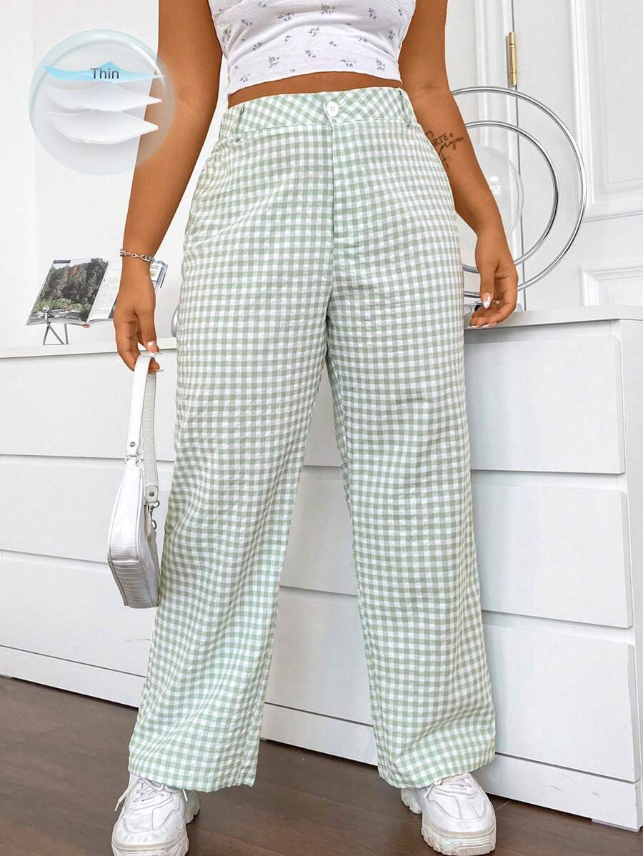 Flirla Plus Size Plaid Straight Pants | SHEIN USA