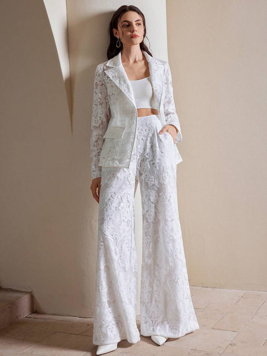 Anewsta Elegant Sheer Fabric Embroidered Sequined Translucent Blazer ...