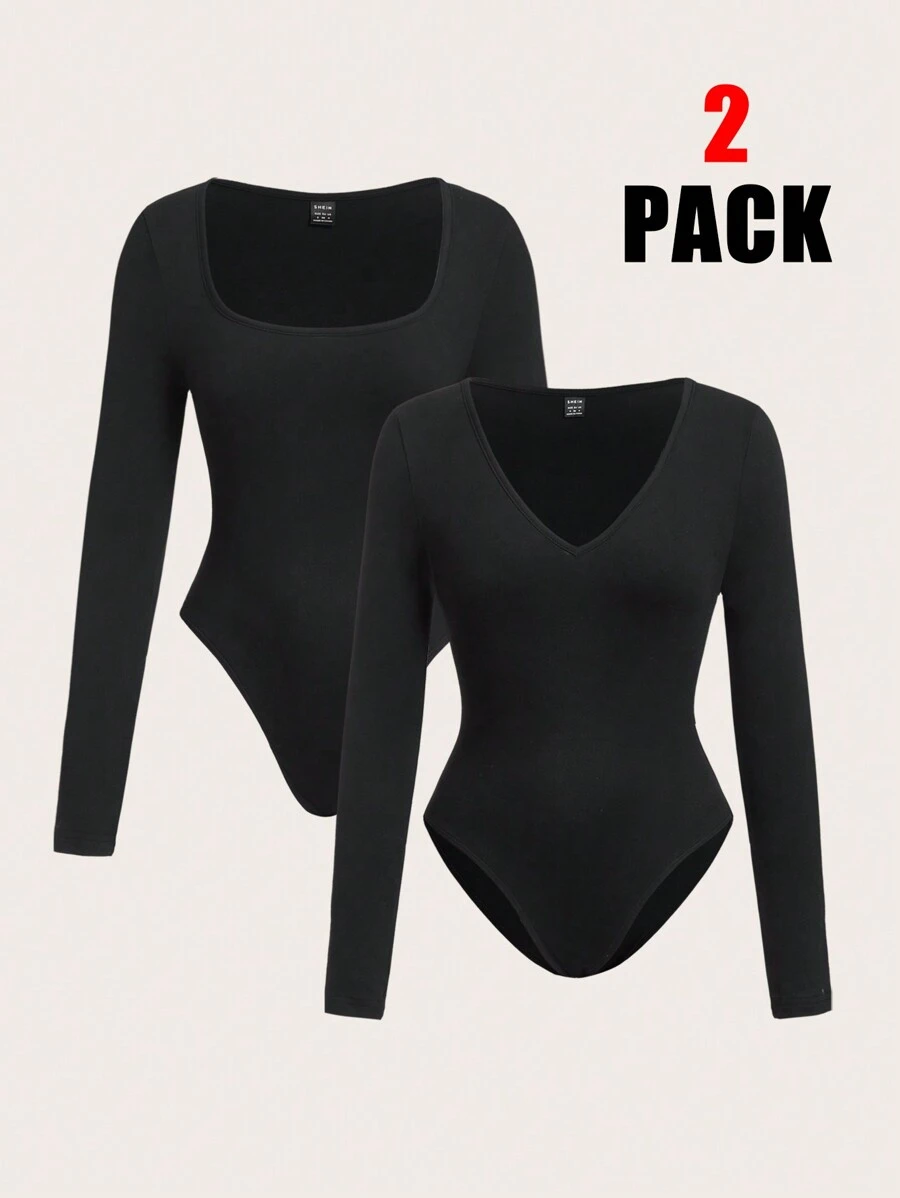 SHEIN EZwear 2 Packs Black Knit Square Neck And V Neck Long Sleeve ...
