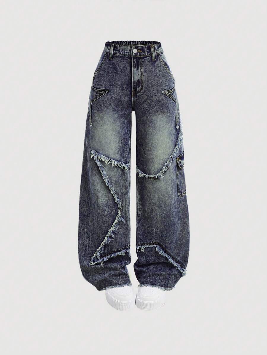 SHEIN Girlism Jeans sueltos y holgados de mezclilla azul con adorno de ...