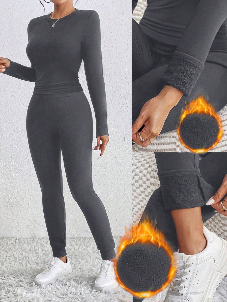 Chiquease Women Winter 2pcs Outfit Thick Thermal Lined Solid Colored ...