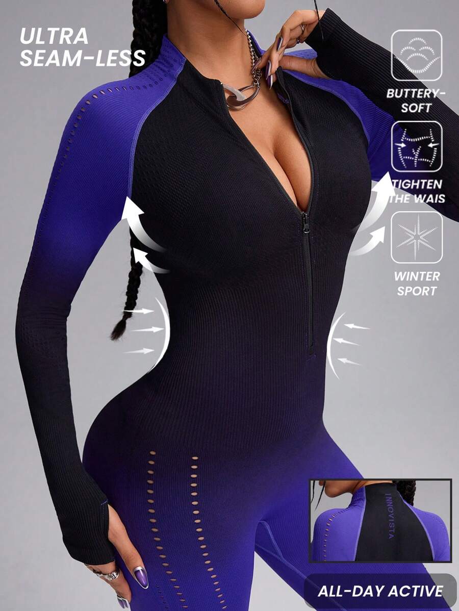 SHEIN Sport Innovista Women's Contrast Color Raglan Sleeve Long Sleeve Zipper Front Jumpsuit For ...