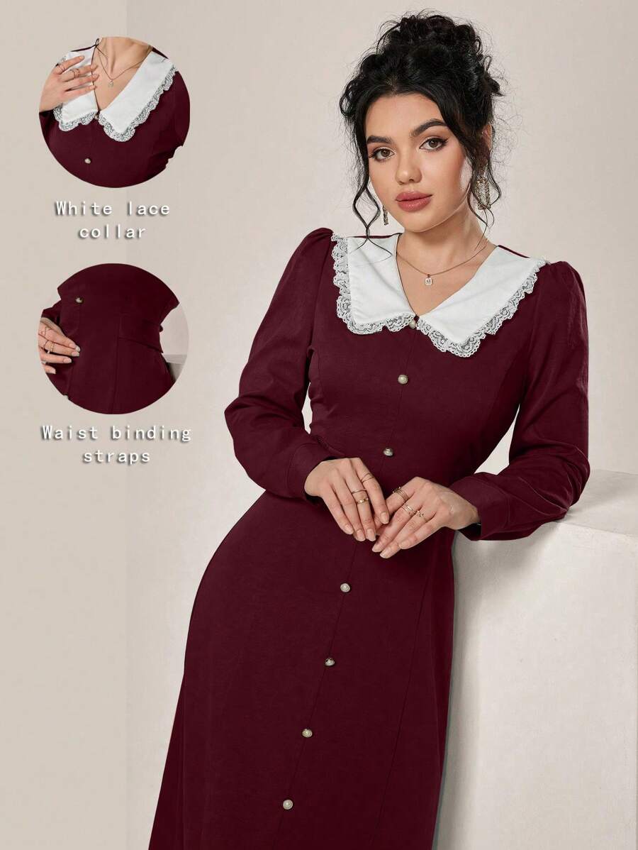 Modelyn Contrast Color Lace Patchwork Peter Pan Collar Long Sleeve Dress Burgundy Maxi Women ...