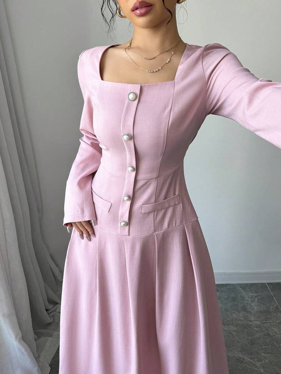 Elenzga Square Neck Long Sleeve Pleated Waist High-End Women Dress ...