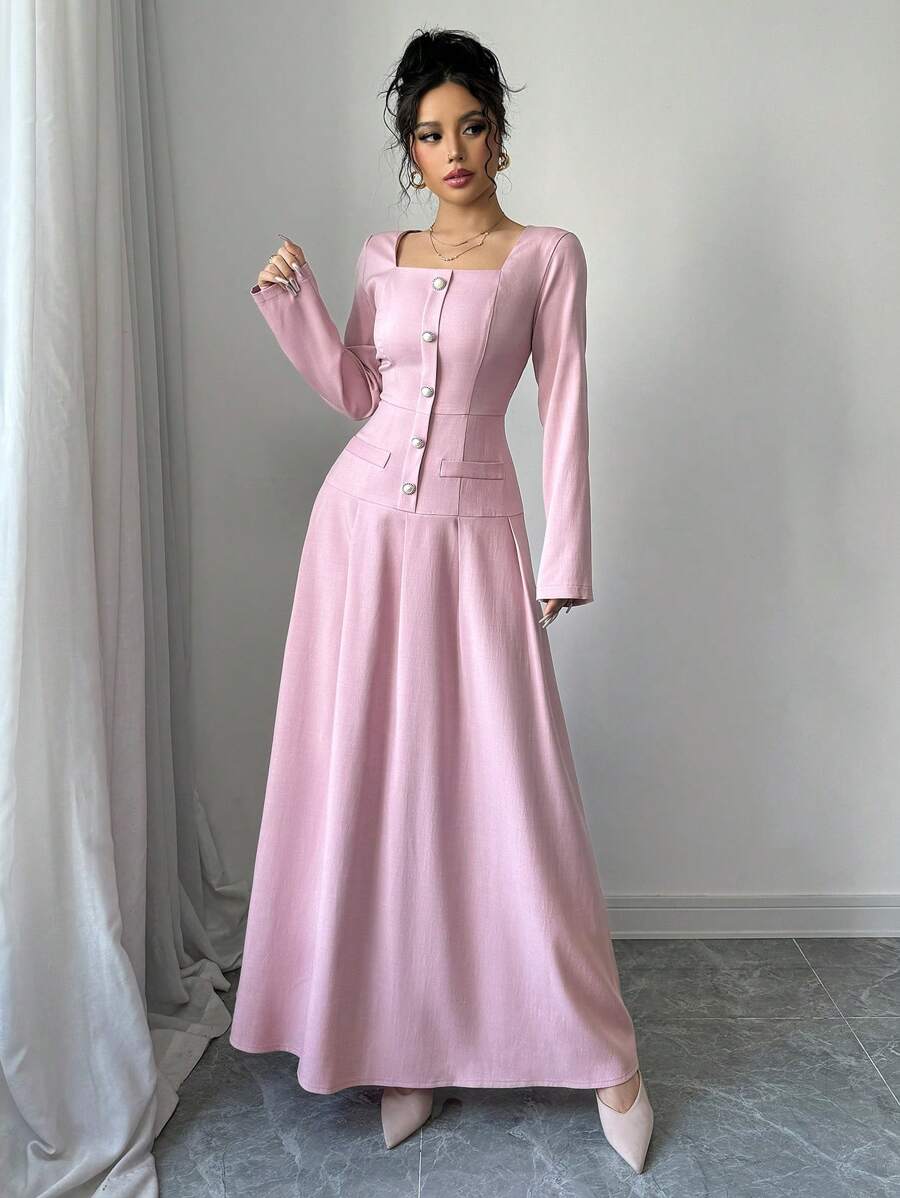 Elenzga Square Neck Long Sleeve Pleated Waist High-End Women Dress ...