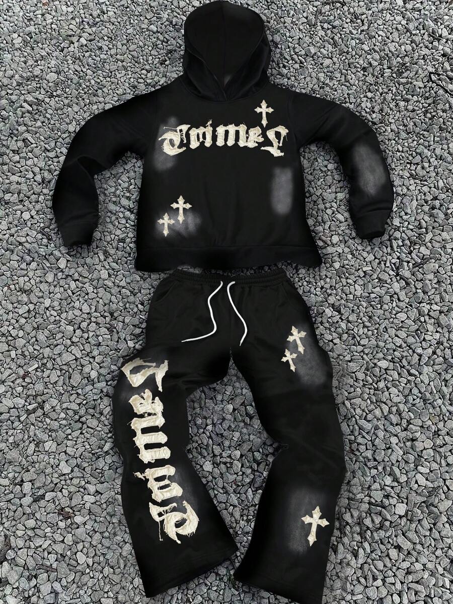 Manfinity EMRG Men's Casual Cross & Letter Print Hoodie & Sweatpants Set, Autumn/Winter | SHEIN ...