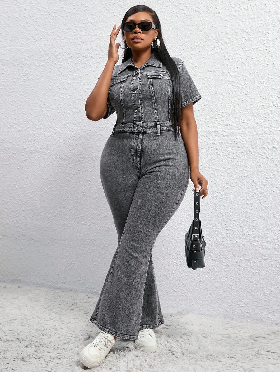 SHEIN SXY Plus Size Women Black Denim Jumpsuit, Sexy Form-Fitting ...