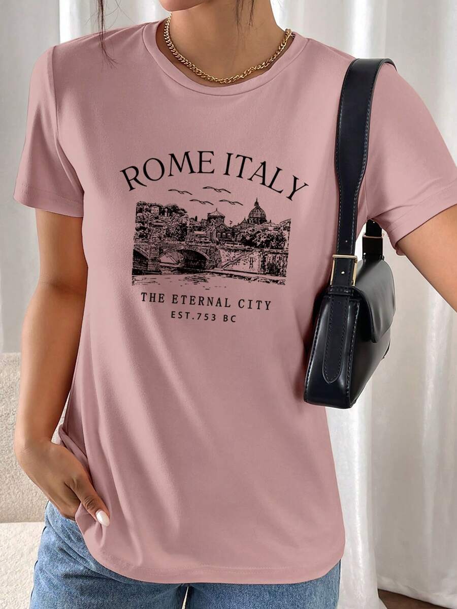 SHEIN LUNE Roman Italy Skyline Graphic T-Shirt, Women Casual Round Neck ...