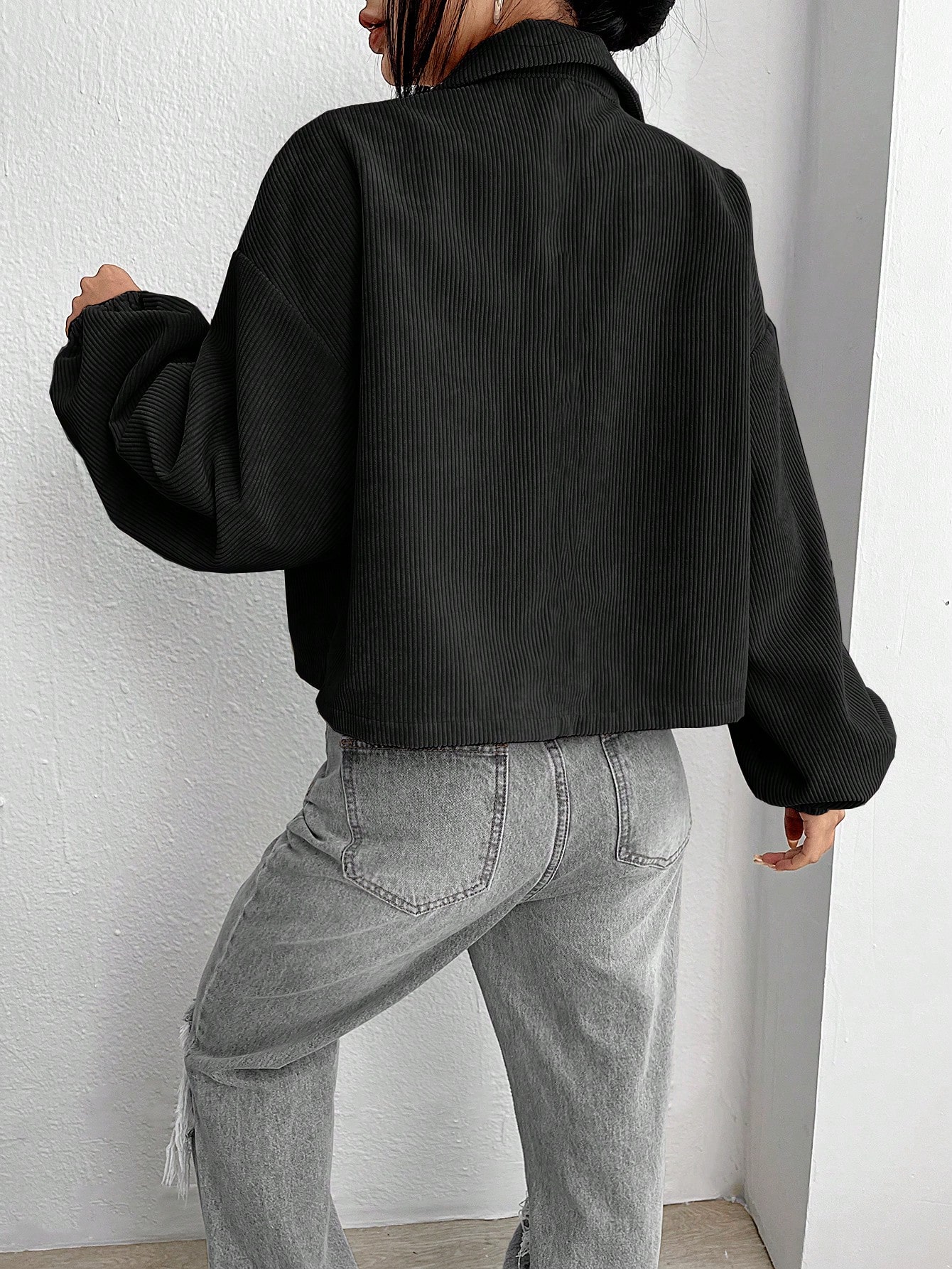 Flap Pocket Drop Shoulder Crop Jacket Without Cami Top In Fall/Winter ...