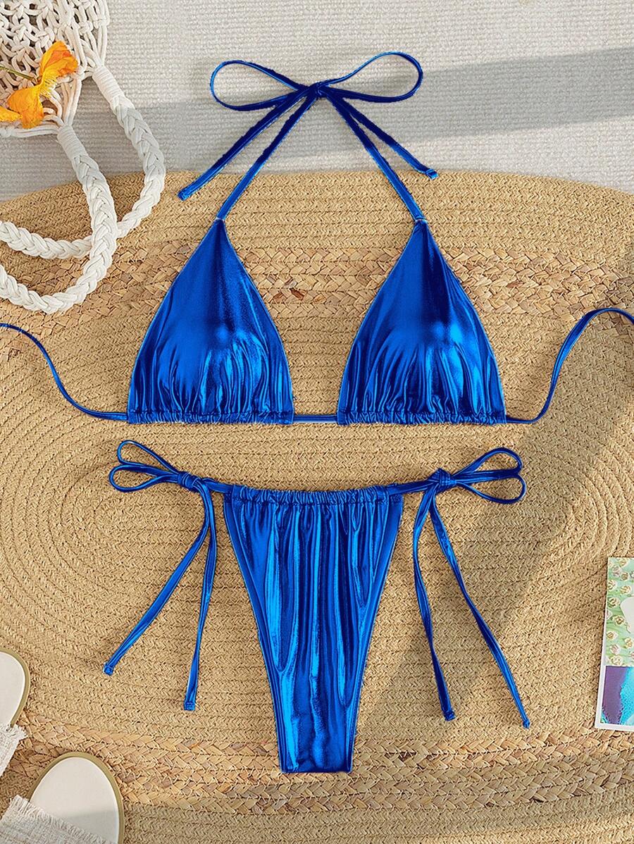 SHEIN Swim 2pcs/Set Bikini - Micro Triangle Cup Halter & Side Tie Panty ...