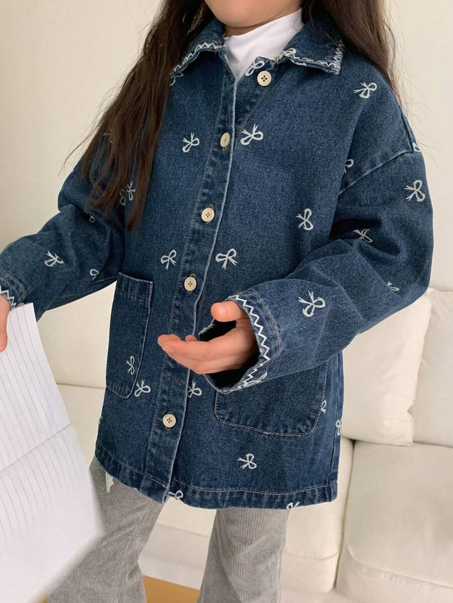 DAZY Tween Girl Bow Print Autumn Denim Jacket | SHEIN UK