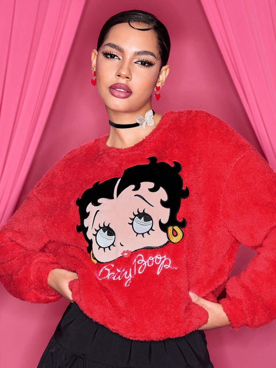 Betty Boop x SHEIN Winter, Character Pattern Retro Sweatshirt, Red ...