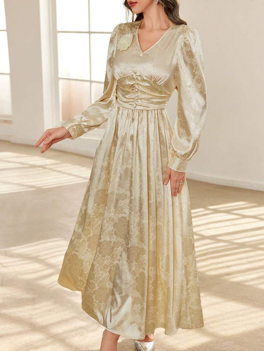 Modelyn Women's Apricot Satin-Faced Jacquard Fabric Front Ruched Waist ...